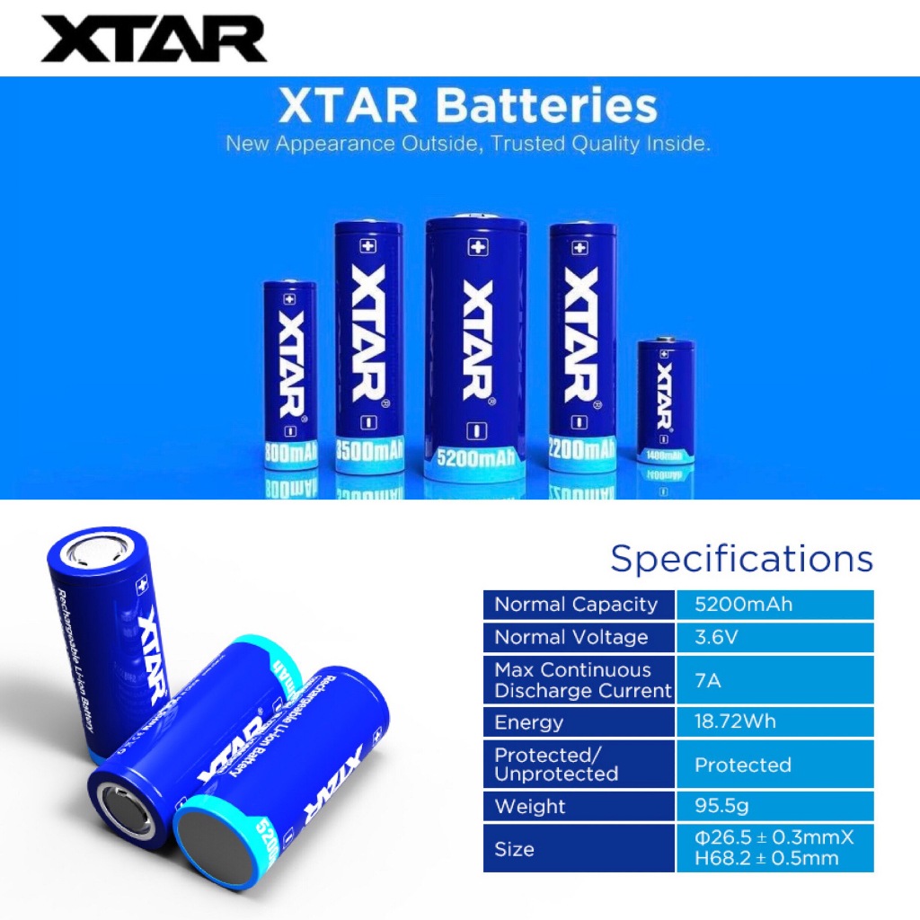 XTAR 26650 5200mAh 3.6V 7A Flat Top & Button Top Li-ion Rechargeable ...