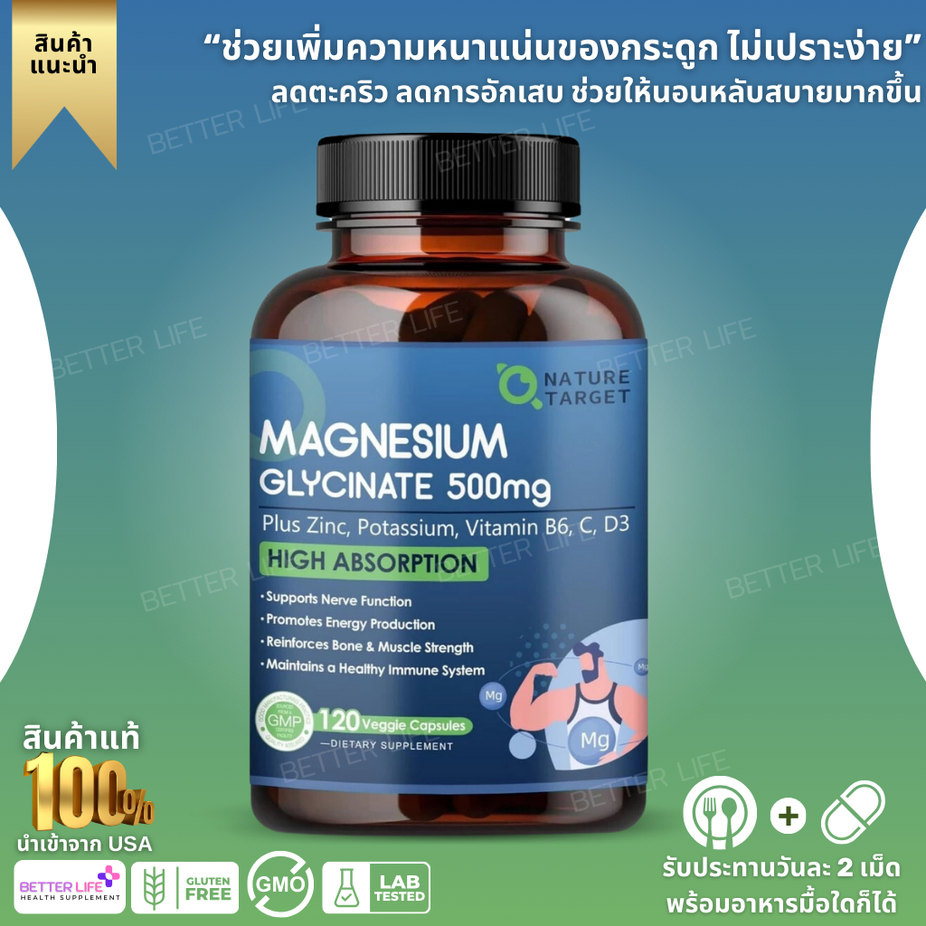 NATURE TARGET Magnesium Glycinate 500mg, Chelated Magnesium with Zinc ...