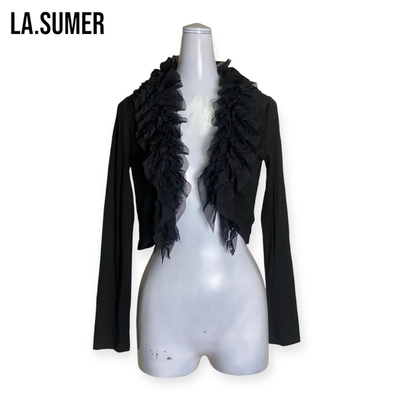 La Sumer เสื้อคลุมแขนยาวแต่งระบายหน้าสีดำ | Shopee Thailand