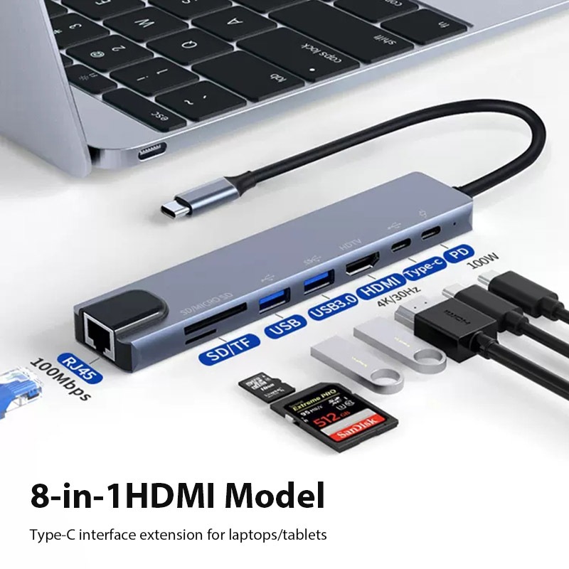8in1 Type-C Hub Expansion Dock อะแดปเตอร์ความละเอียดสูง 100W สําหรับโปรเจคเตอร์ทีวีมัลติฟังก ...