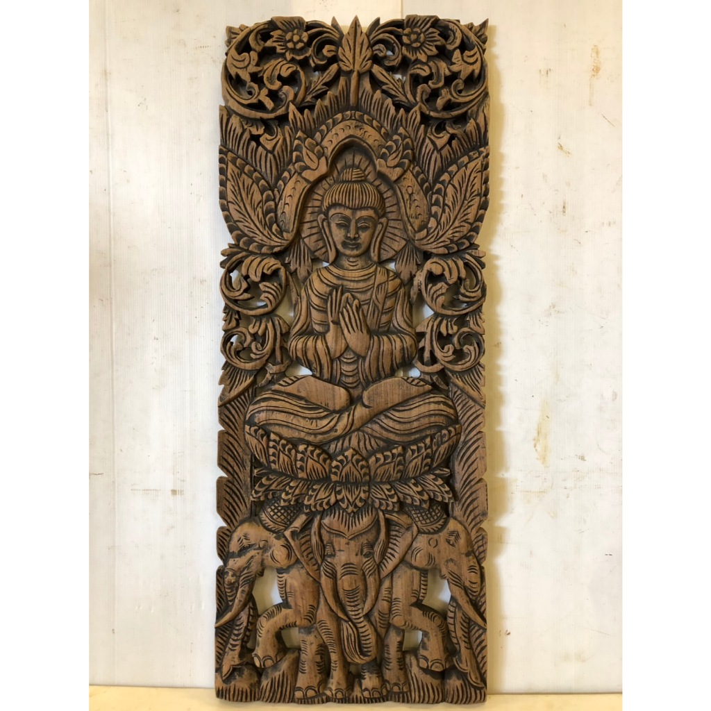 ไม้สัก แกะสลัก ลายพระพุทธรูป ทรงช้าง 3 เศียร ขนาด 35x90 cm. พระพุทธรูปไม้แกะสลัก งานไม้สัก ไม้ ...