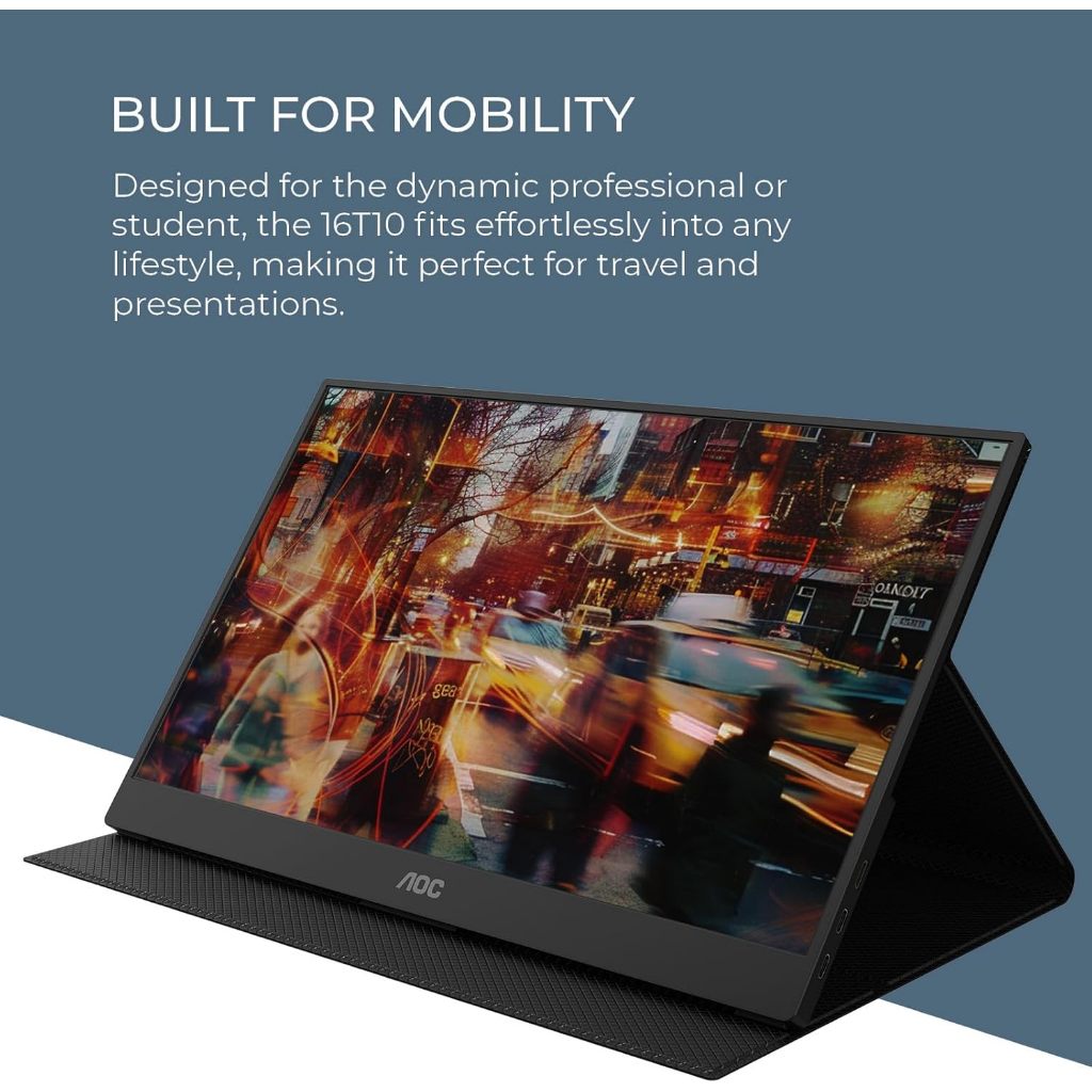 AOC 16T10 Portable Monitor 15.6 Inch FHD 1920x1080 IPS Panel, USB Type C x2,Mini HDMI x1, Smart ...