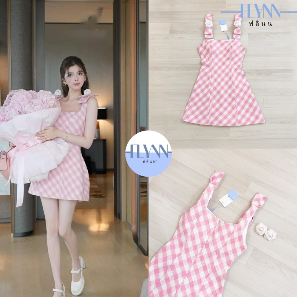 FLYNN BRAND F030 ชุดเดรสสั้นลายสก็อตชมพูผ้าทวิต | Shopee Thailand
