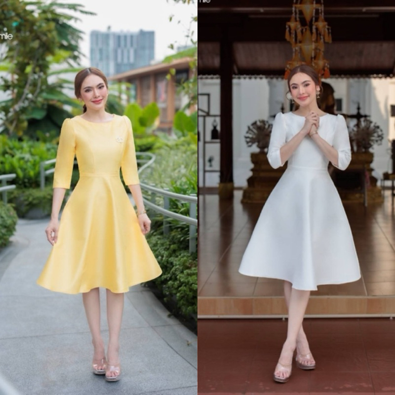 N708 ชุดเดรสไหมจิตรลดา แขนศอก กระโปรงทรงบานย้วย อัดกาวทั้งชุด | Shopee ...
