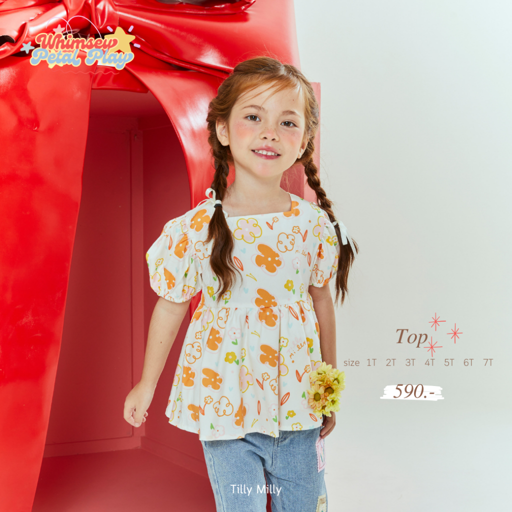 Tilly Milly เสื้อเด็กผู้หญิงแขนตุ๊กตาลายดอกไม้ส้ม Whimsey petal play ...