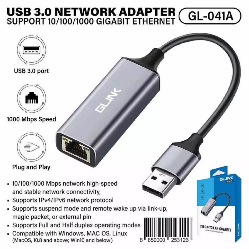 GLINK GL-041A USB 3.0 TO ตัวแปลง USB 3.0 เป็น Lan Gigabit 10/100/1000 ...