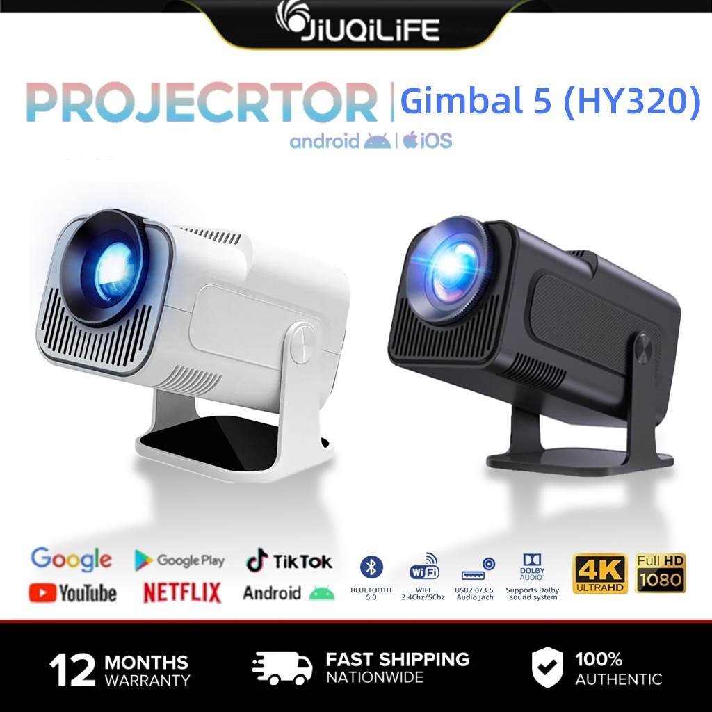 โปรเจคเตอร์ Gimbal 5（HY320） 4K Native 1080P Android 11.0 WiFi 6 บลูทูธ ...