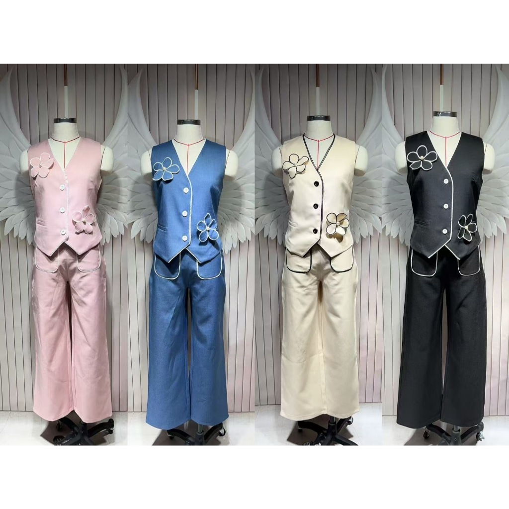 AN769 เซตเสื้อแขนกุดคอวีแต่งดอก3D กก.ขายาว The Alner Women Clothing ...