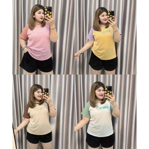 E12 คอกลมผ้าร่อง Hello มี2อก | Shopee Thailand