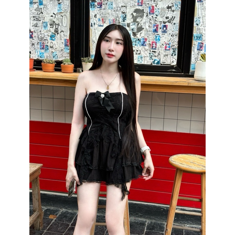 Phapassz - เซท2ชิ้น เกาะอกผ้าลูกไม้ แต่งกุ้น เสริมฟองน้ำ ติดเข็มกลัดโบว์หัวใจ มาพร้อมกระโปรงชั้น ...