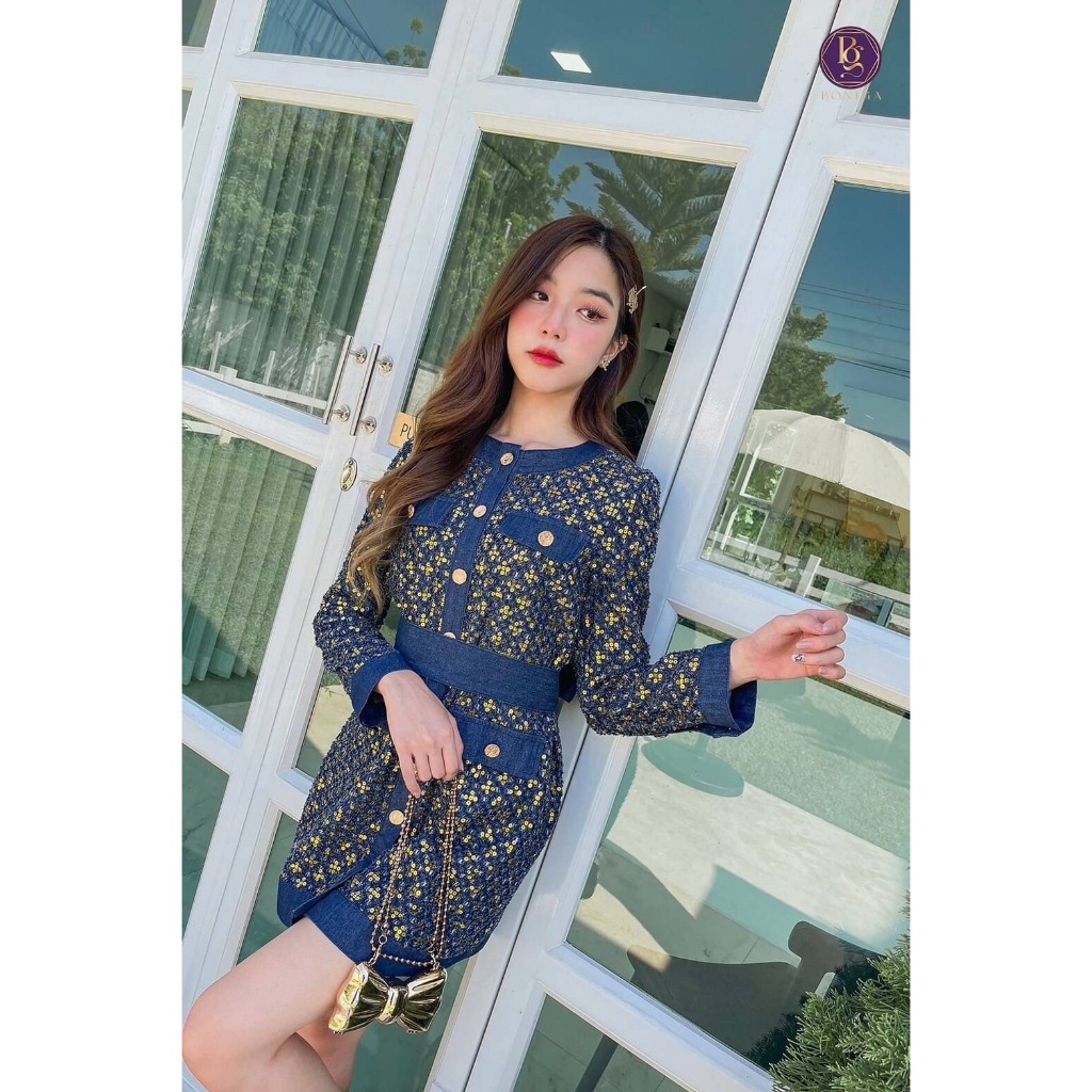 BONIGA BRAND BG008 ชุดเดรสแขนยาวสุดสวย เนื้อผ้ายีนส์ปักเลื่อม | Shopee ...