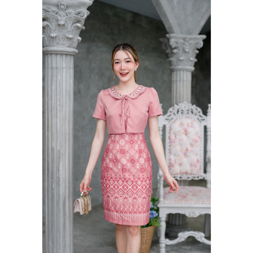 ZC20ชุดเดรสลายไทยคอปักดอกไม้ทรงสอบลายขอ | Shopee Thailand