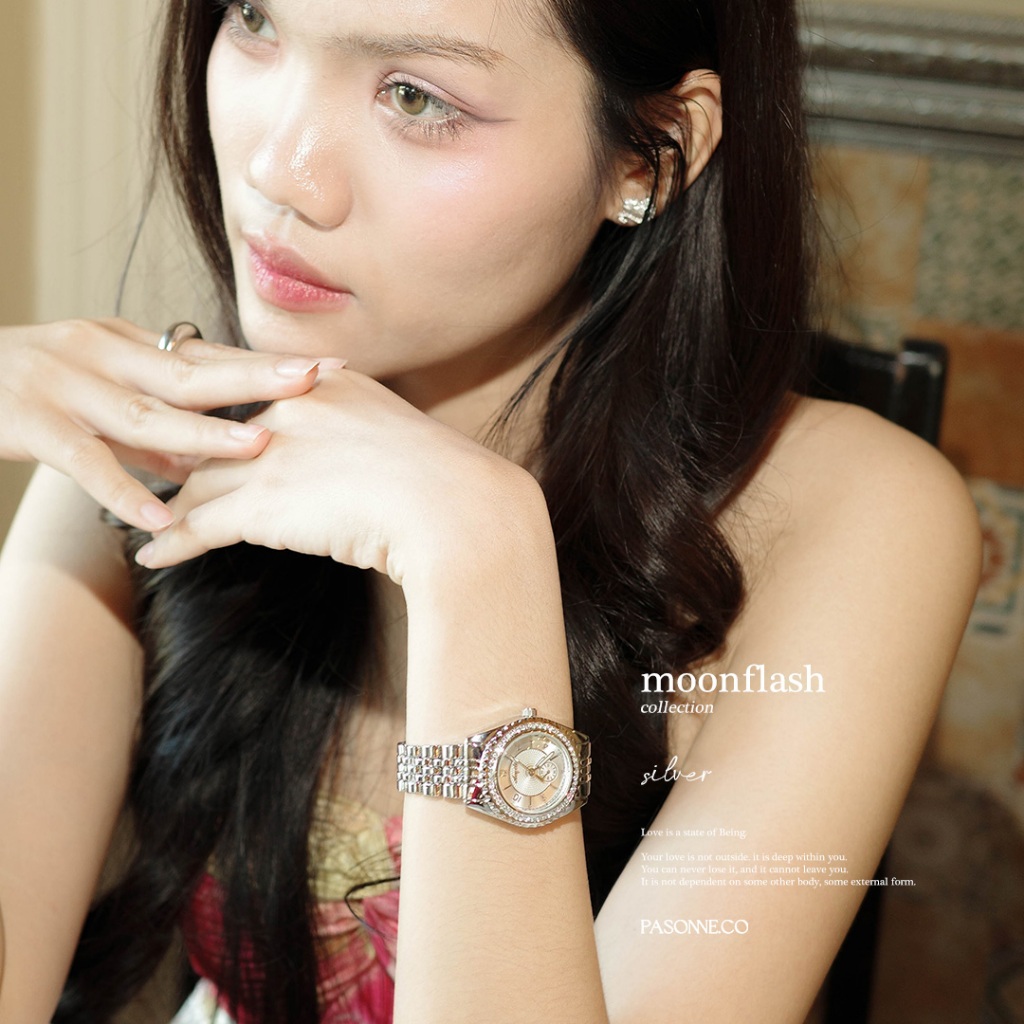 pasonne.co นาฬิกาข้อมือ รุ่น moonflash ทรงกลมสีเงิน เข็มเรืองแสง | Shopee Thailand