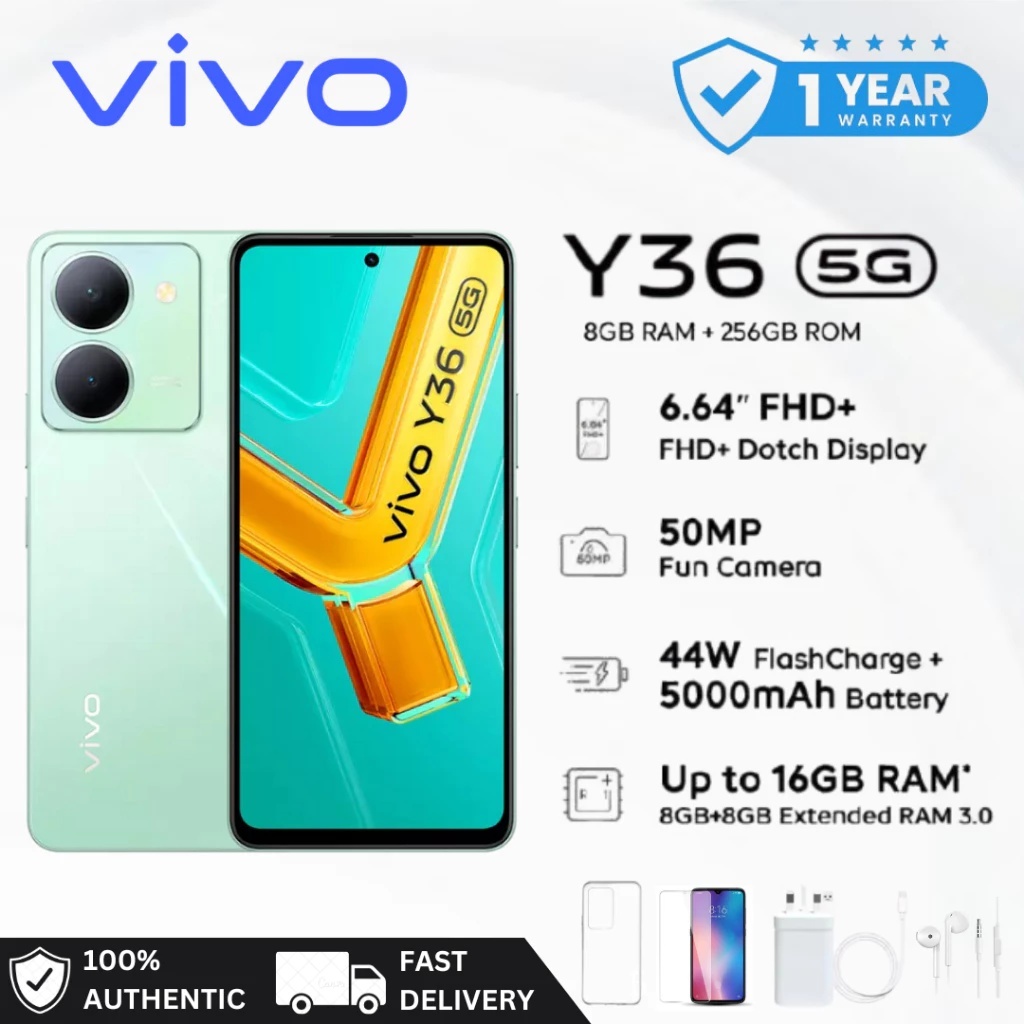 Vivo Y36 5G สมาร์น, RAM 8GB + ROM 256GB, หน้าจอ 6.64 นิ้ว, แเตอรี่ ทนทาน, กล้อง 50MP, ของแท้ ...