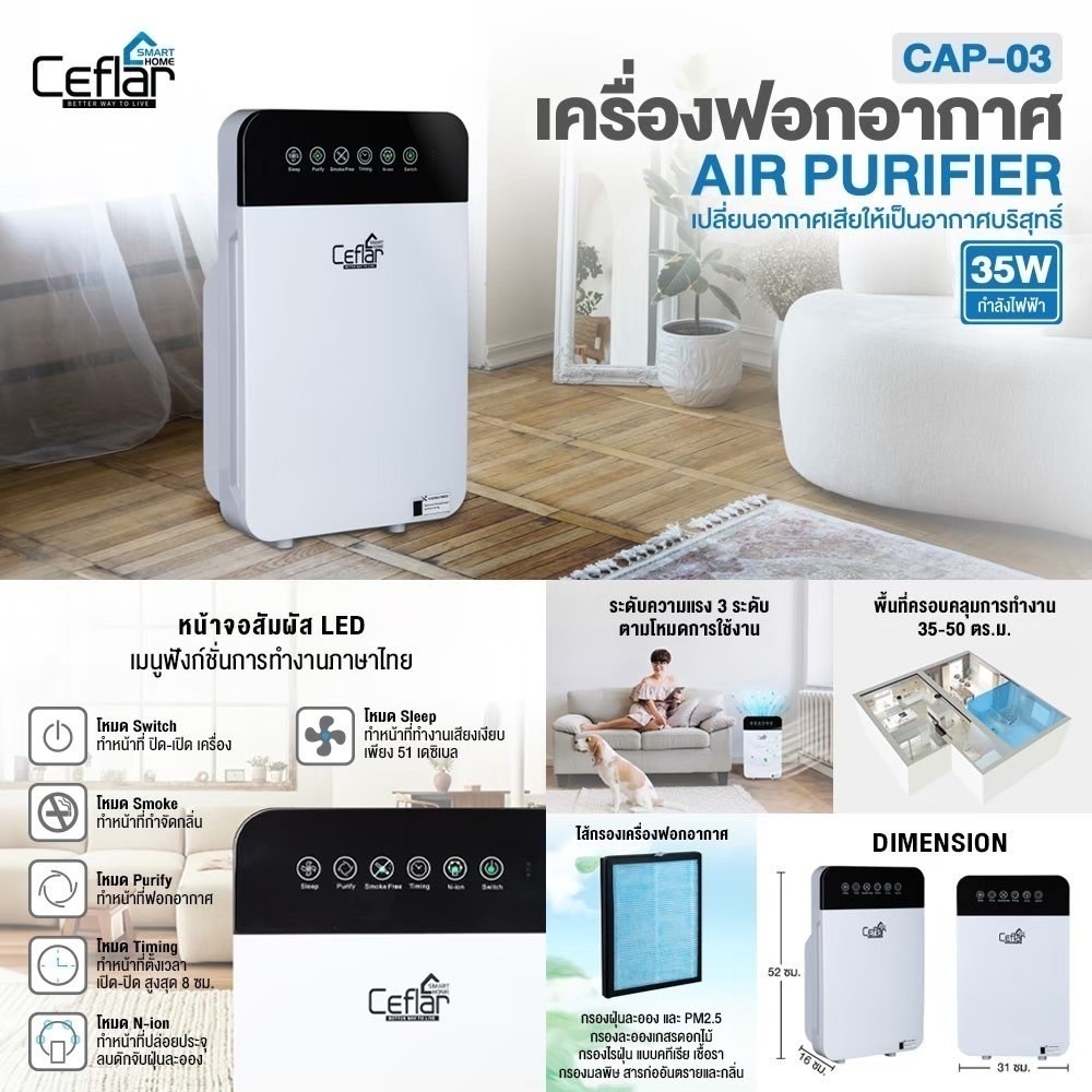 เครื่องฟอกอากาศ รุ่น Ceflar CAP-03 สามารถฟอกอากาศและกำจัดกลิ่น ห้อง 50 ตาราเมตร Air Purifier ...