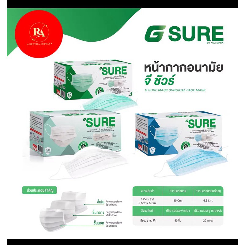 G SURE MASK หน้ากากอนามัยทางการแพทย์ (KSG) ระดับ 2 หนา 3 ชั้น Sugical ...