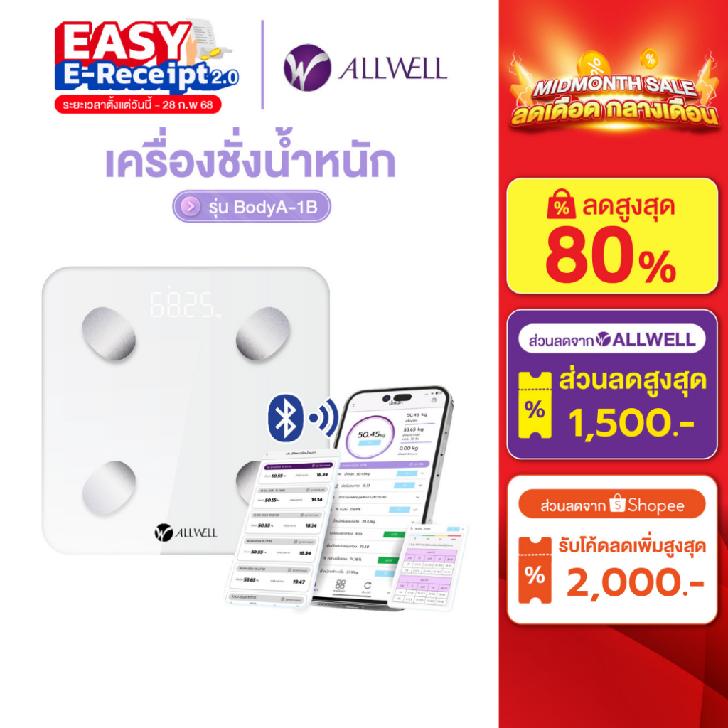 [ออกEasy E-receipt ได้] ALLWELL เครื่องชั่งน้ำหนัก วัดไขมันและดัชนีมวลกาย เชื่่อมแอพได้ วัดค่า ...