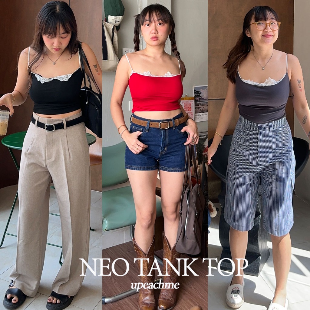 Upeachme - Neo tank top เสื้อสายเดี่ยวแต่งขอบลูกไม้ (สายปรับได้ มีฟองน้ำในตัว) | Shopee Thailand