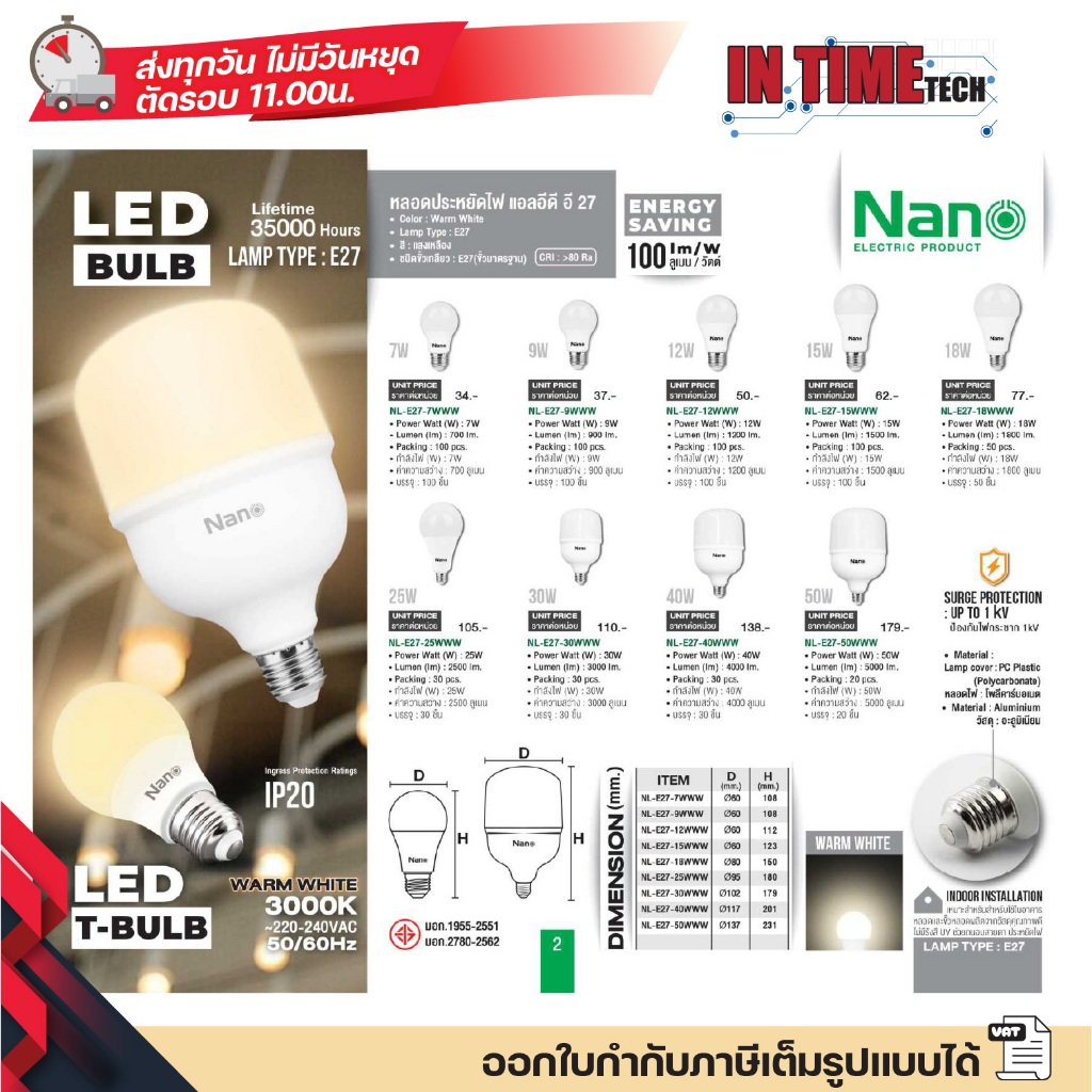 NANO หลอดไฟ LED Bulb ขั้ว E27 แสงขาว แสงเหลือง 7W 9W 12W 15W 18W 25W ...
