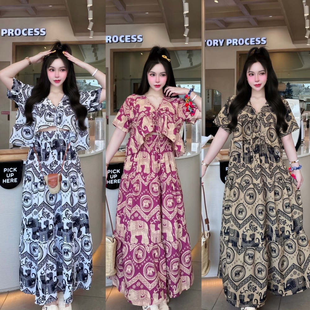 พร้อมส่ง ชุดเซตกระโปรงผ้าไหมอิตาลีลายช้าง เสื้อชายระบายผูกหน้า+กระโปรง ...