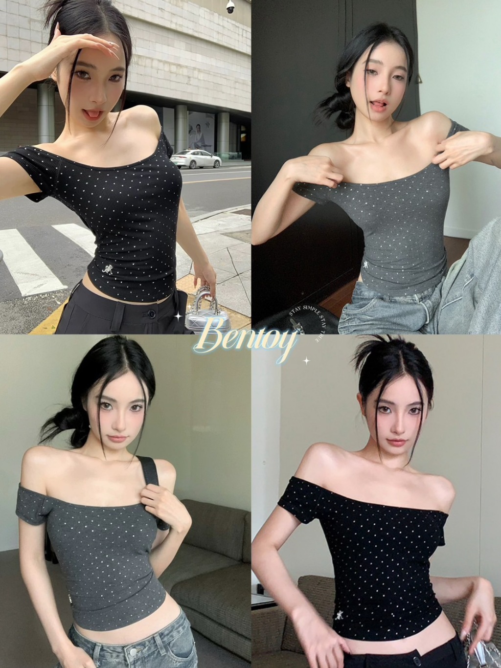 Bentoy(310)เสื้อยืด ปาด ไหล่ แขนสั้น รัดรูป ติดเพชรสะท้านแสงทั้งตัว แต่งตัวง่าย ชิลชิล ดีไซน์ ...