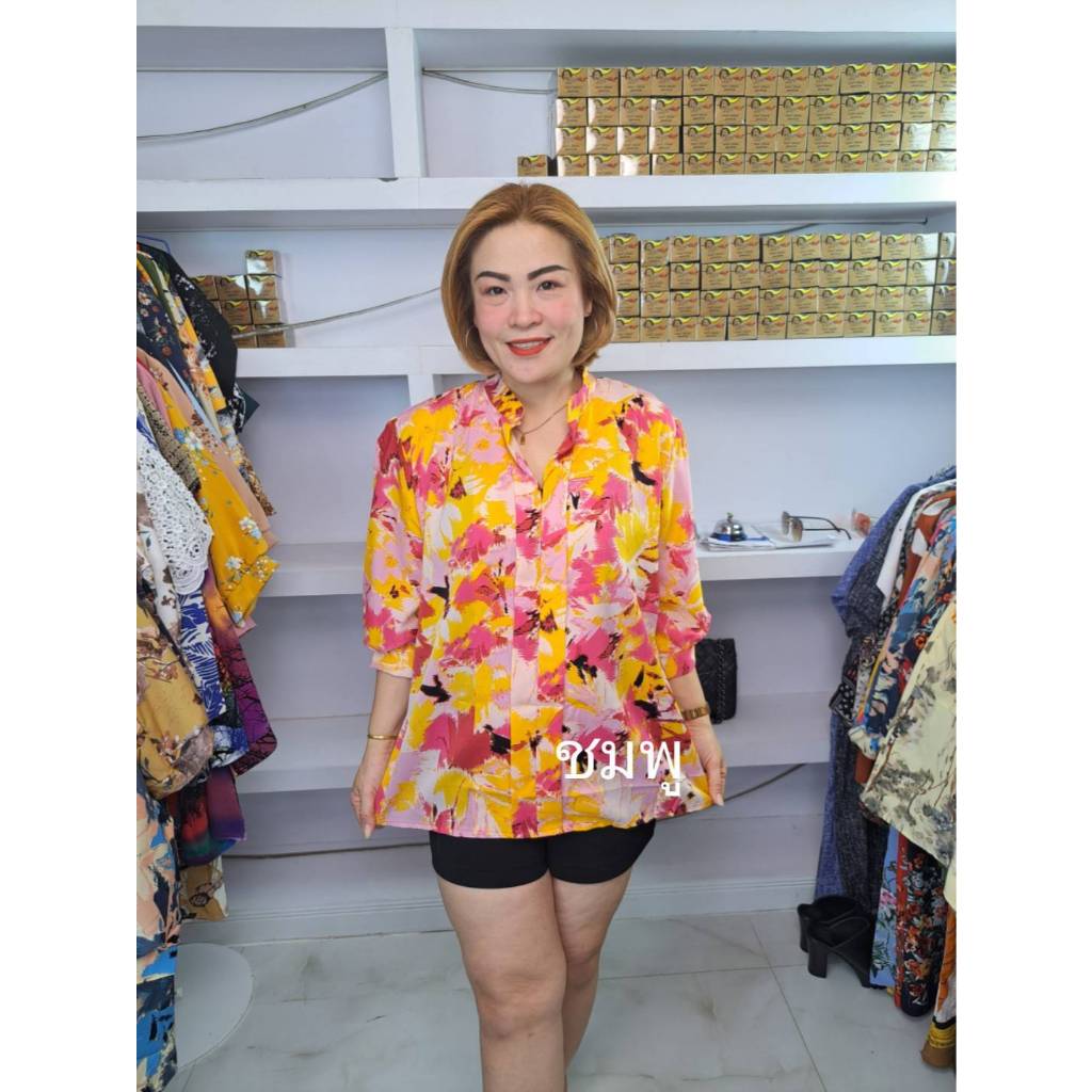 C65///เสื้อคอจีนแขนศอกดอกสดผ้าไหมเกาหลี ฟรีไซ42-46นิ้ว ยาว27นิ้ว หน้าผ้า46นิ้ว ราคา199บาท ...