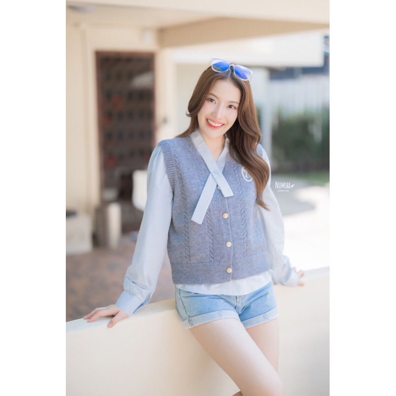 Numsha Brand เสื้อไหมพรมกั๊กโบว์คอลูกคุณ/NB24127 | Shopee Thailand