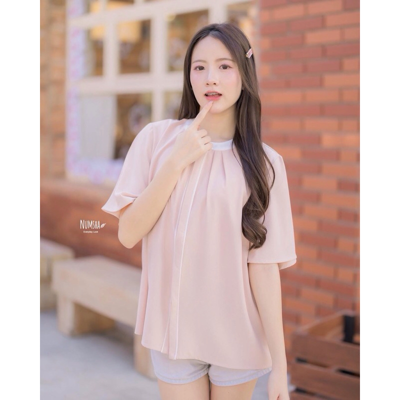 Numsha Brand เสื้อคอกลมขาวสาบเส้นคู่/NB24164 | Shopee Thailand