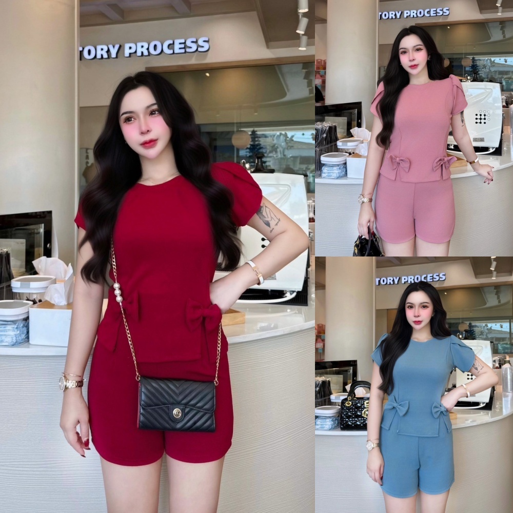 พร้อมส่ง ชุดเซตผ้าวูลเวฟ เสื้อแขนกุหลาบแต่งโบว์หน้า+กางเกง A4036 ...