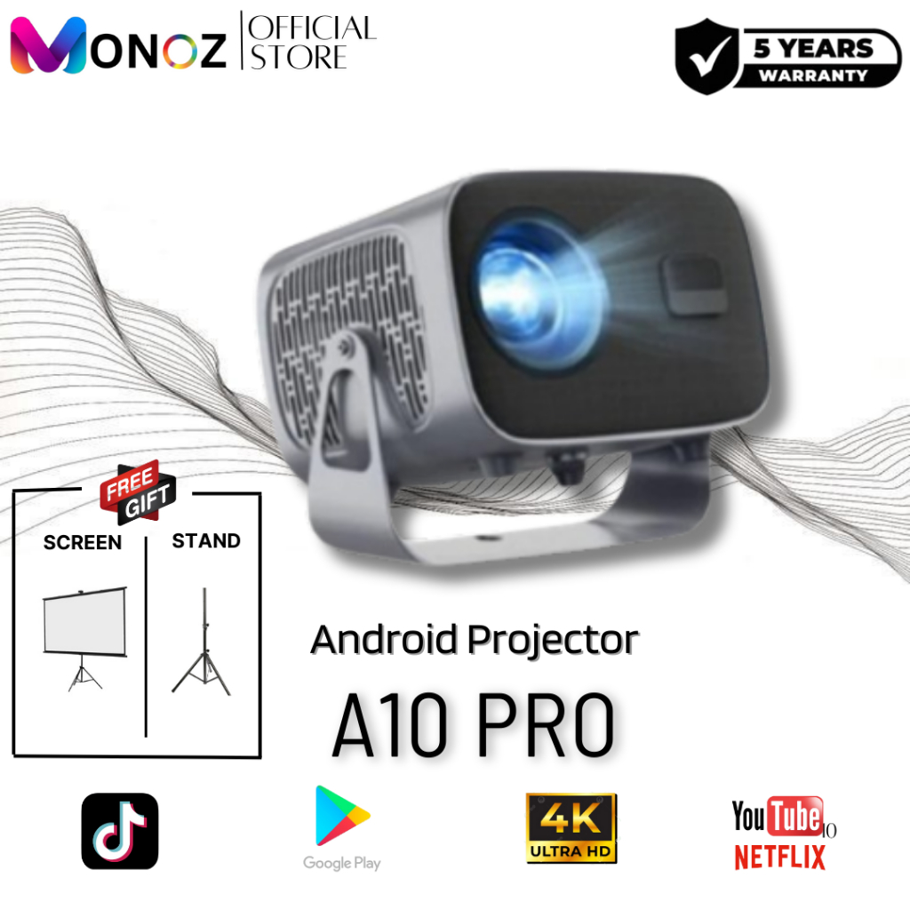 Monoz A10 PRO โปรเจ็กเตอร์ 4kมินิโปรเจคเตอร ความละเอียด1080Pแบบพกพา ...