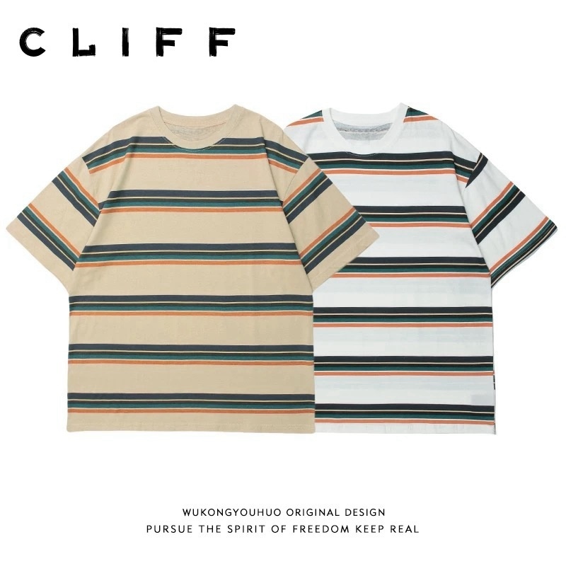 CILFF แขนสั้นลายทาง สไตล์อเมริกัน ถนน ลายทาง เสื้อฤดูร้อน แบบหลวม ...