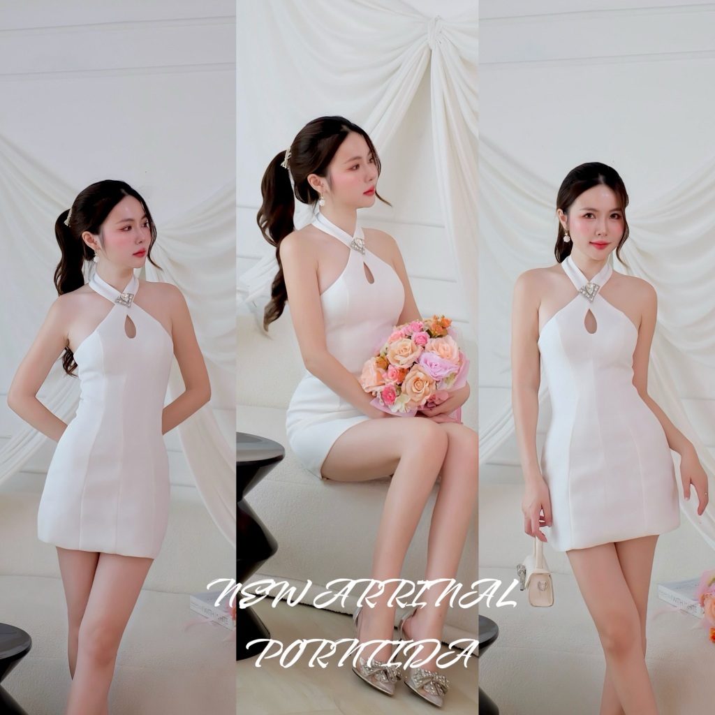 Pornthida-ชุดเดรสสีขาวงานคล้องคอชุดเรียบหรูรคุณหนูแล้วก็แอบมีความเซ็กซี่ตรงข้างหน้าแต่งอะไรเพชร ...