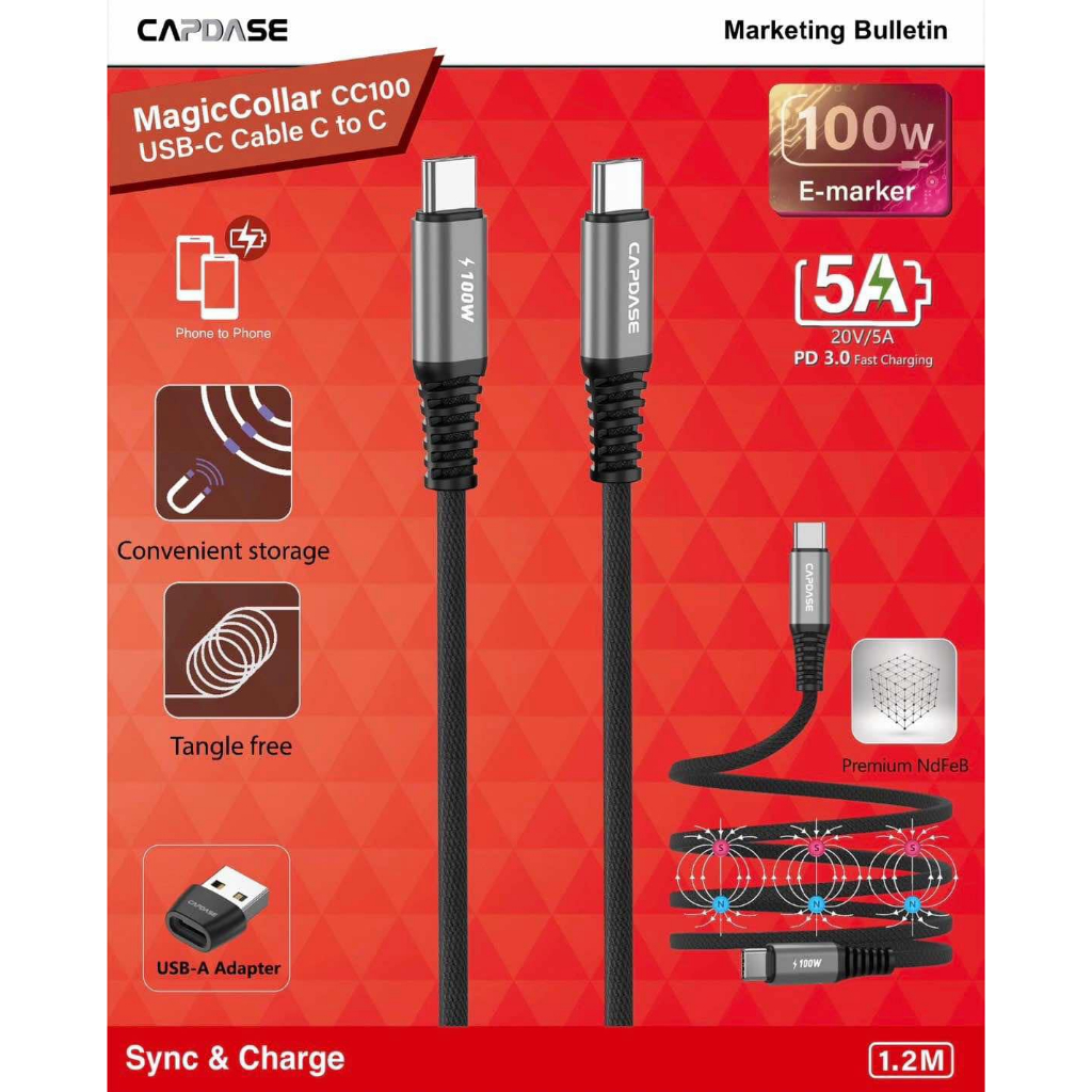 สายชาร์จ / CAPDASE USB Cable Sync&Charge Type C to C / รุ่น MagicCollar cc100 5A 100W /ความยาว 1 ...