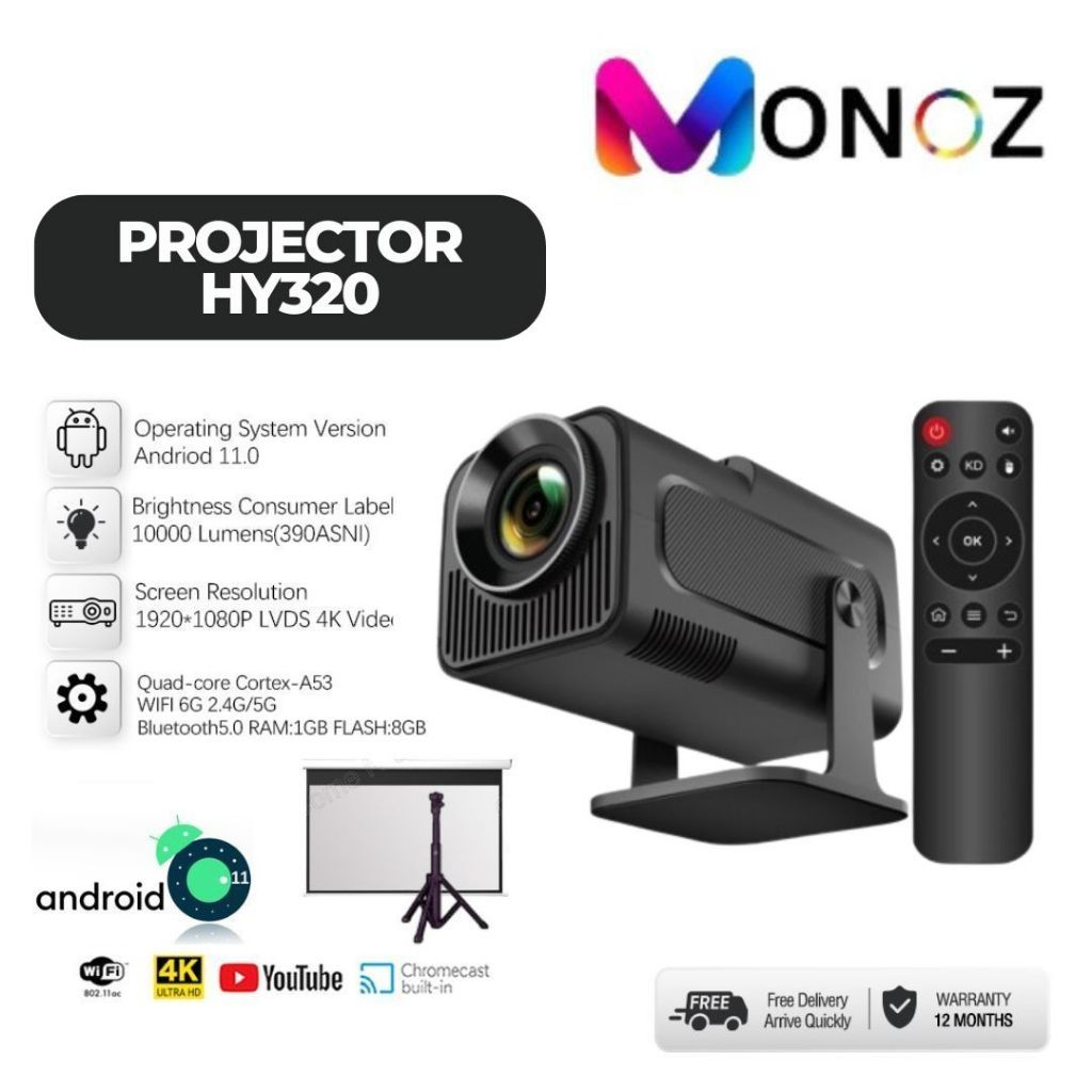 MONOZ เครื่องฉายภาพระยะสั้น HY320 projector 1080P 4K WiFi/Bluetooth ...