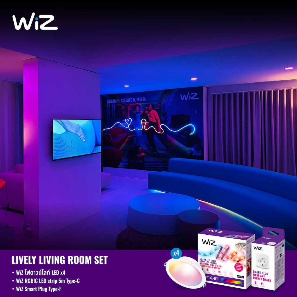 [Lively Living Room set]WiZ ไฟดาวน์ไลท์ LED อัจฉริยะ 16ล้านเฉดสีx4 +WiZ RGBIC LED strip 5m Type ...