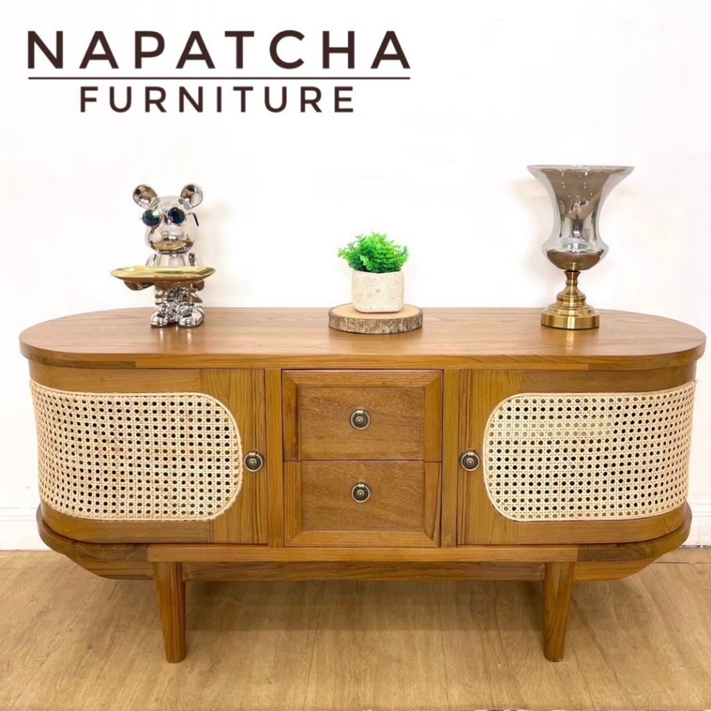 NAPATCHA เคาน์เตอร์ทีวี วงรี 2 ลิ้นชัก 2 บานเปิดหน้าหวาย ไม้สัก สีไม้ | Shopee Thailand