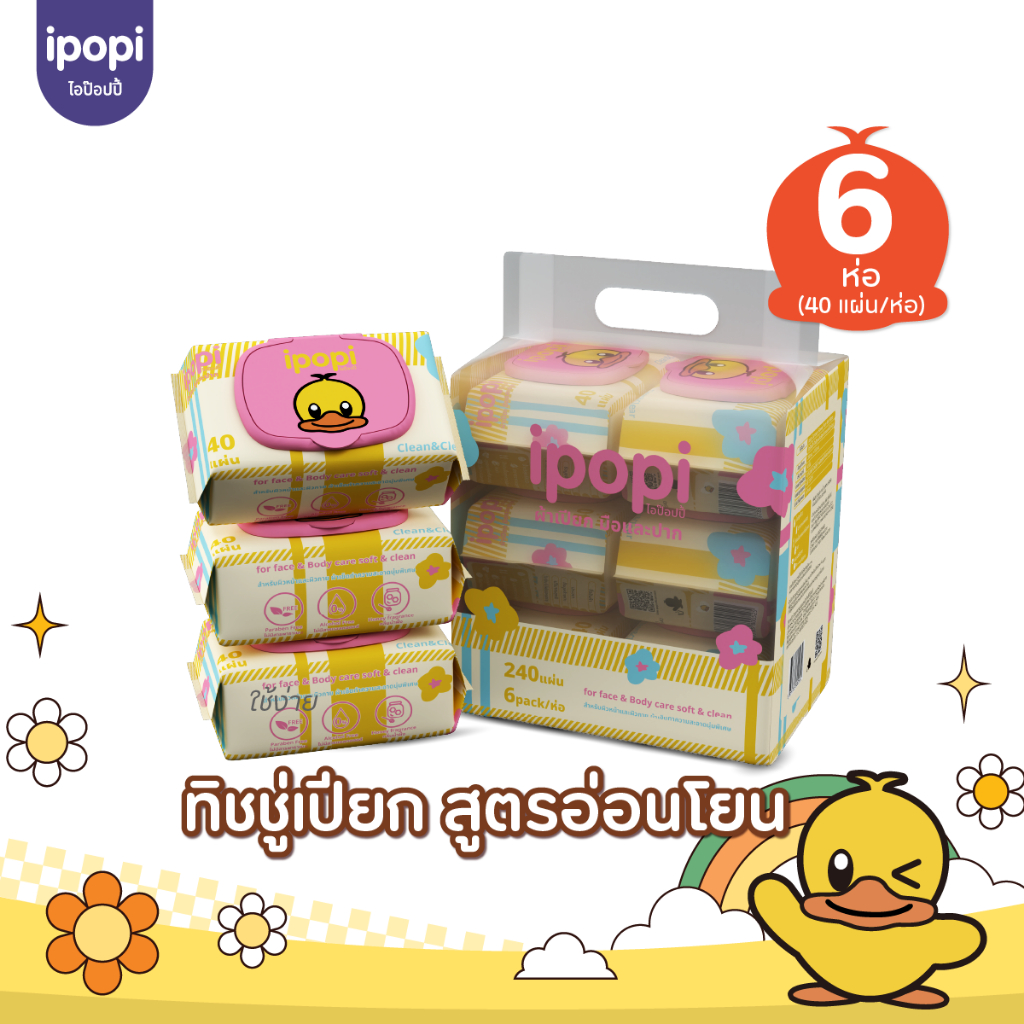 ipopi ทิชชู่เปียก กลิ่นน้ำผึ้ง 6 ห่อ ( 40 แผ่น/ห่อ ) ผ้าเปียก เช็ดมือและปากได้ | Shopee Thailand
