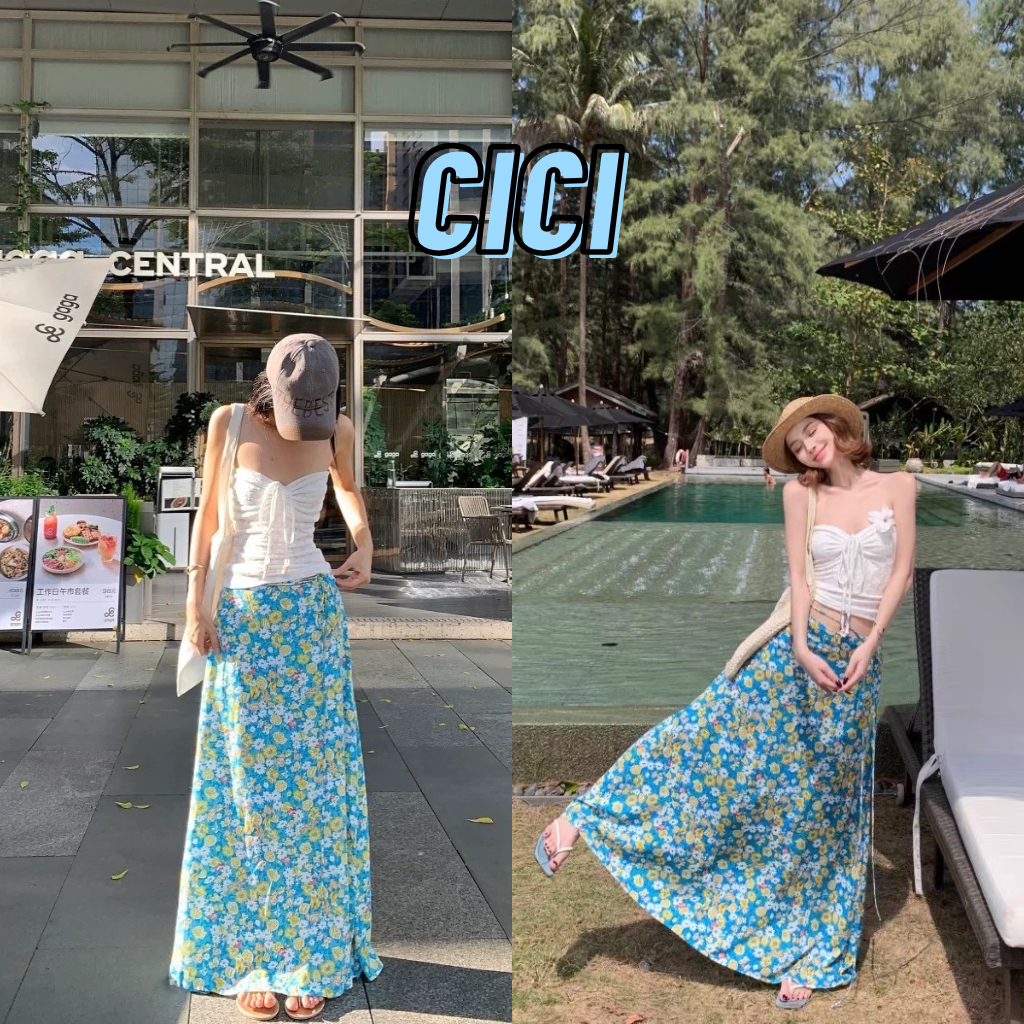 Cici(NO. 2531) กระโปรงยาวลายดอกไม้สีฟ้า มีซับใน ซิบข้าง มีสายผูกไขว์ สไตล์วันหยุดริมทะเล ...