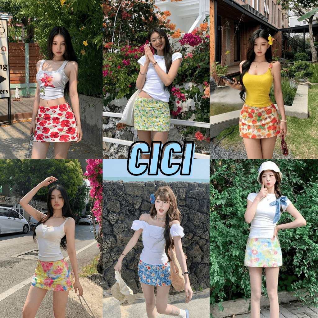 Cici(NO.2529) กระโปรงสั้นลายดอกสีสันสดใส มีซับใน ซิบข้าง สไตล์สาวฮาวาย | Shopee Thailand