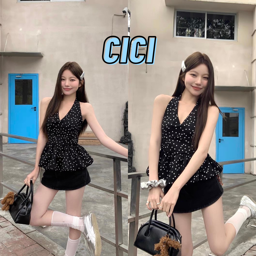 Cici(NO. Y6293) เกาะอกคล้องคอ detail แต่งระบายด้านหลังเป็นสม๊อคสกรีนลายจุดสไตล์สาวหวานพสจีน ...