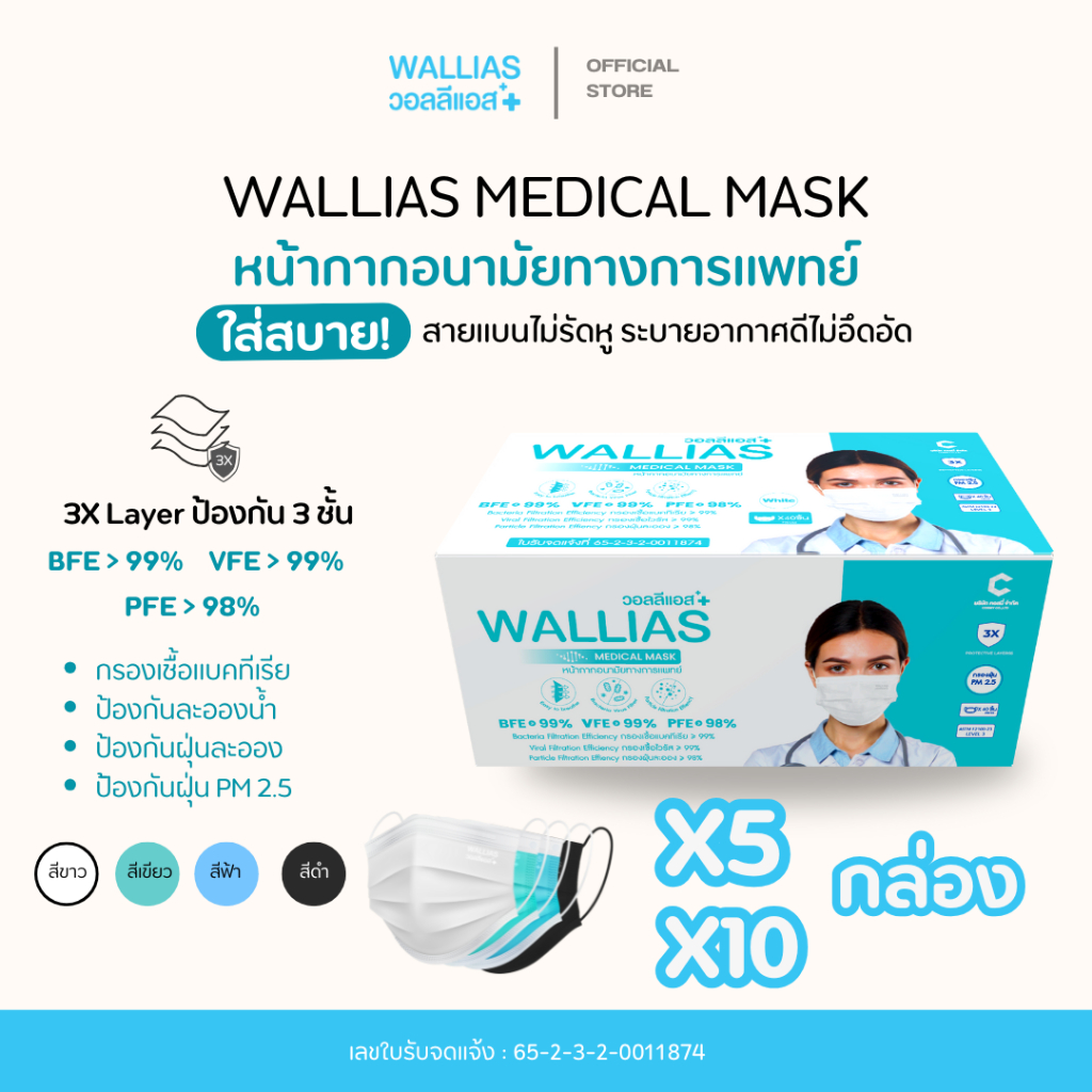 [แบบเซ็ต 5,10กล่อง] Wallias หน้ากากอนามัย BFE>99% หน้ากากอนามัยทางการแพทย์ 3ชั้น วอลลิแอส ...