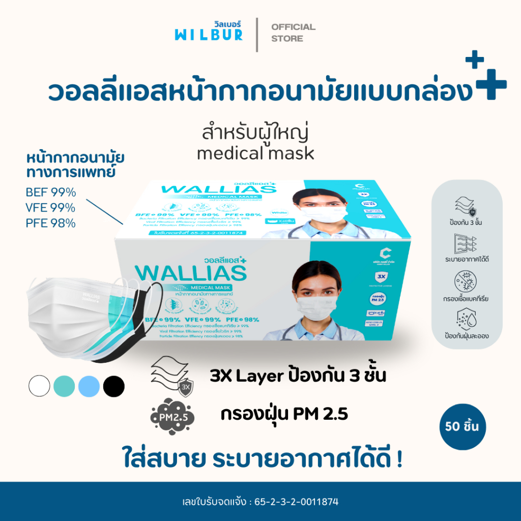 Wallias หน้ากากอนามัย [แบบซองและแบบกล่อง] หนา 3 ชั้น จำหน่าย แบบ1/2/3กล่อง | Shopee Thailand