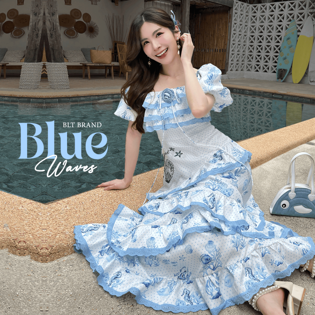 B613 BLT BRAND เดรสยาวพิมพ์ลายให้ทั้งชุด มีเข็มกลัดดดอกไม้ ใส่เที่ยว ...