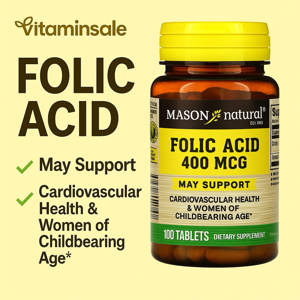 🌿 Mason Natural Folic Acid 400 mcg 100 Tablets | Daily Folate ...