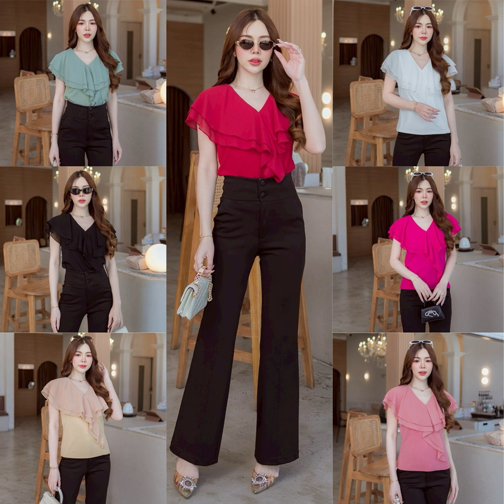 240 เสื้อคอวีแต่งระบายผ้าชีฟอง (ผ้าเทพ REEYA) | Shopee Thailand