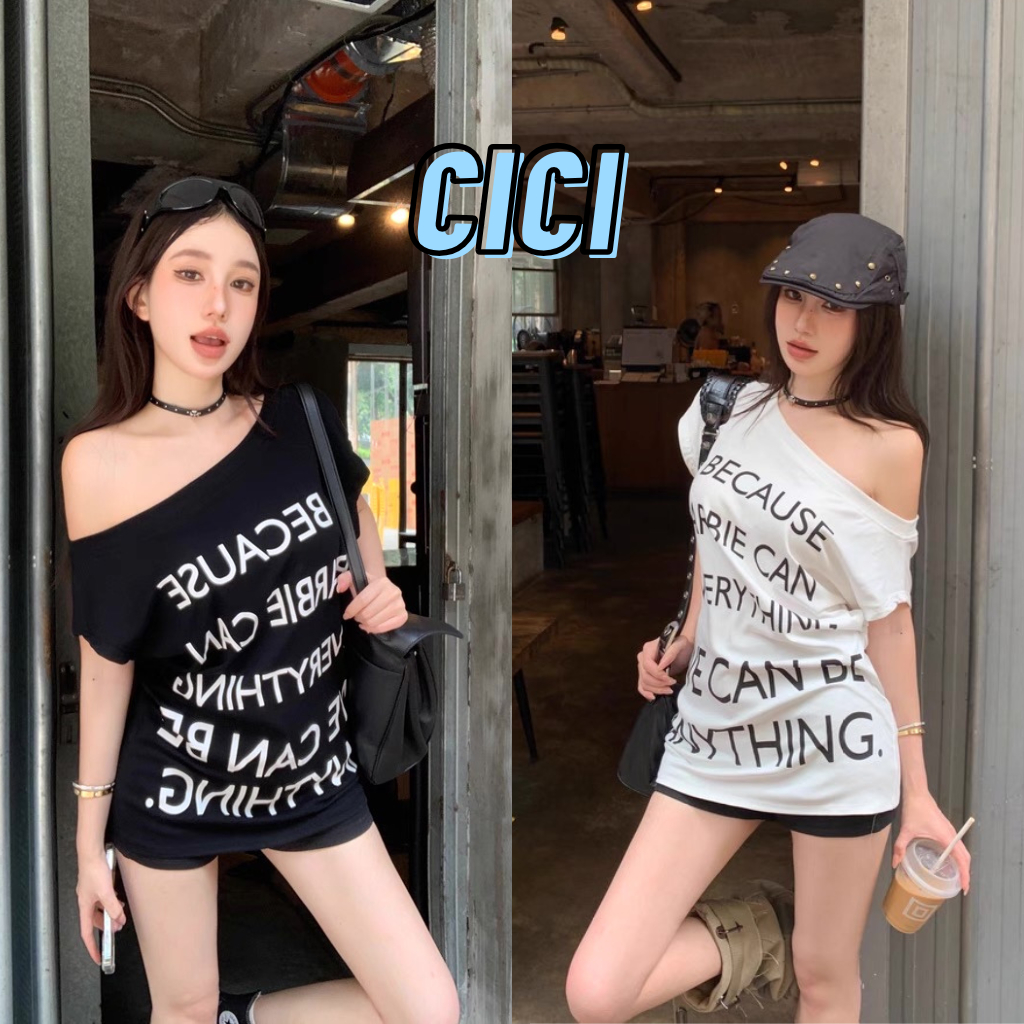 Cici(NO. J1251) เสื้อปาดไหล่ตัวยาวสีพื้นรัดรูป พิมพ์ลายตัวอักษร แต่งแขนไม่เท่ากัน ผ้ายืด สไตล์ ...