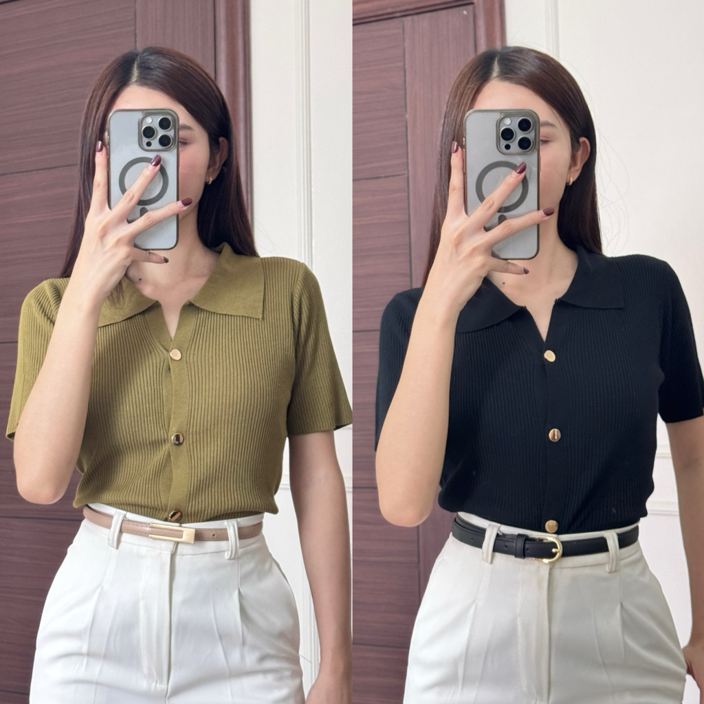 Lamsang K01 เสื้อไหมพรม คอปก แขนสั้น กระดุมทอง สไตล์มินิมอล K-Fashion ...