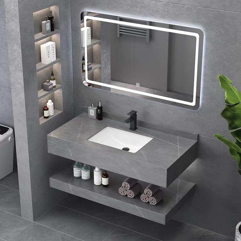 ตู้ห้องน้ํา Double-layer Marble ชุดตู้อ่างล้างหน้า กระจกอัจฉริยะ การผสม ...