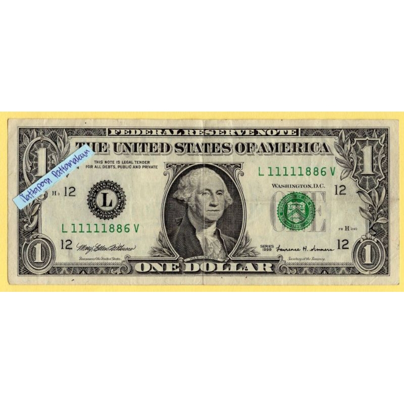 ธนบัตร USA One Dollar Bill ปี 1999- Fancy Serial Number 11111886 ...