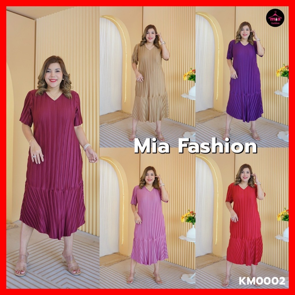Miafashion (KM0002) เดรสอัดพลีทพรีเมี่ยม คอวีชายระบาย สาวอวบ เสื้อผ้า ผู้หญิง Dress Lady ...